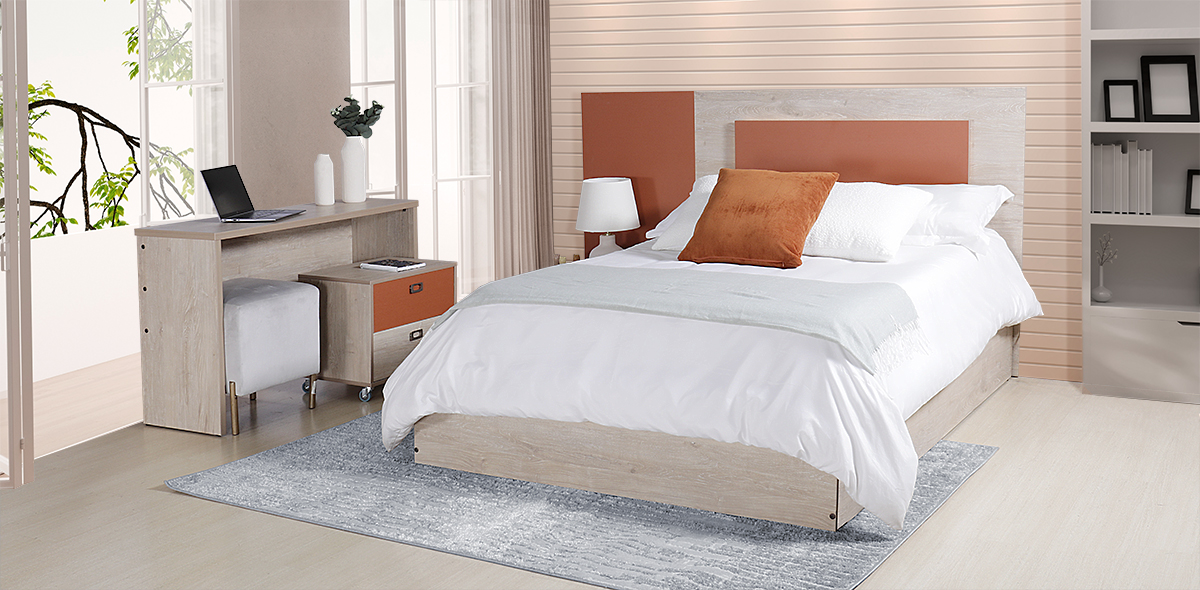 Recámara Matrimonial Tabata Beige con Naranja 5 Piezas